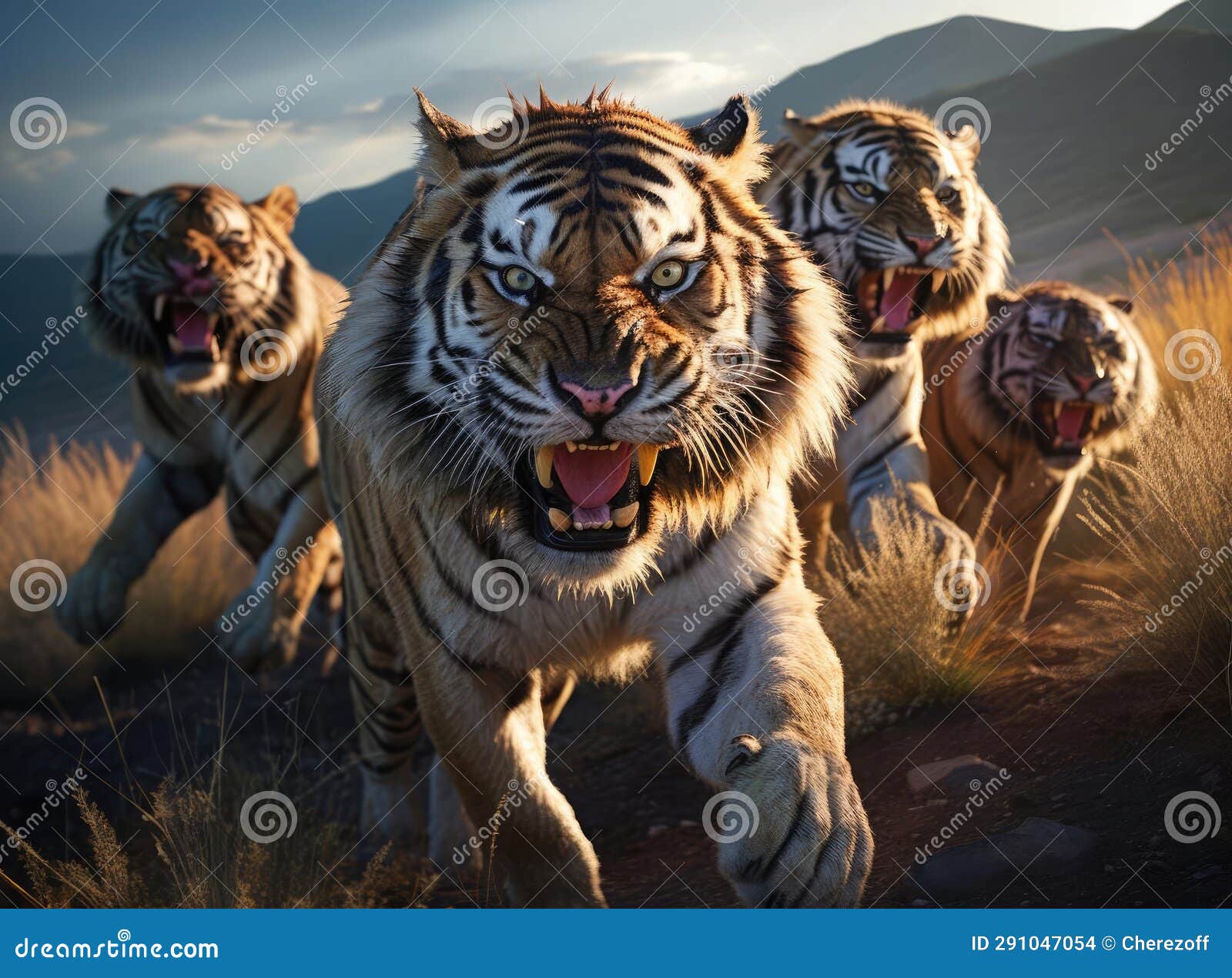 A Group of Tigers with Fangs Stock Photo - Image of mammal, generated ...