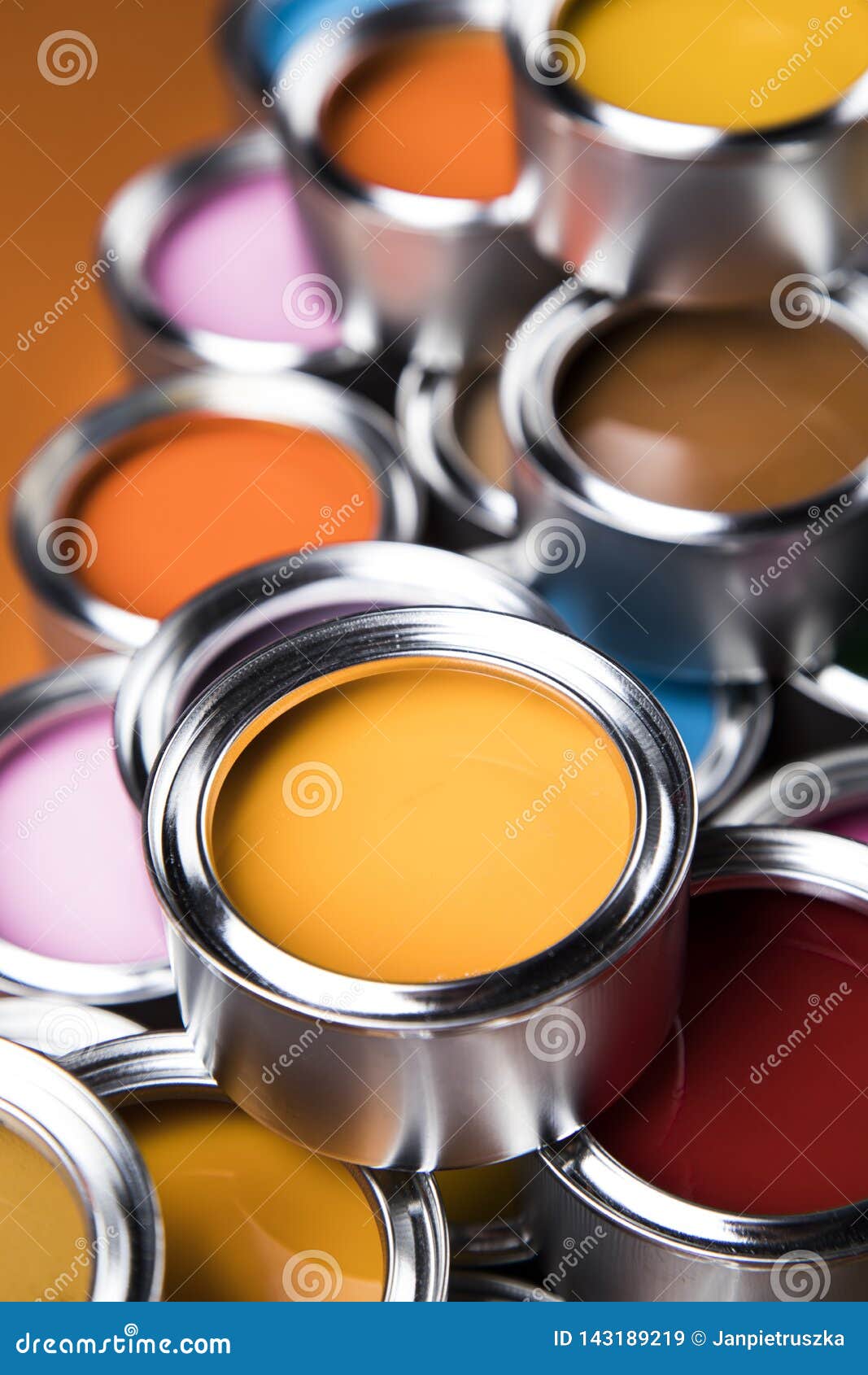 Group of Tin Metal Cans with Color Paint Stock Image - Image of change ...