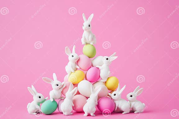 A Group of Tiny Easter Bunnies Stacking Easter Eggs into a Giant ...