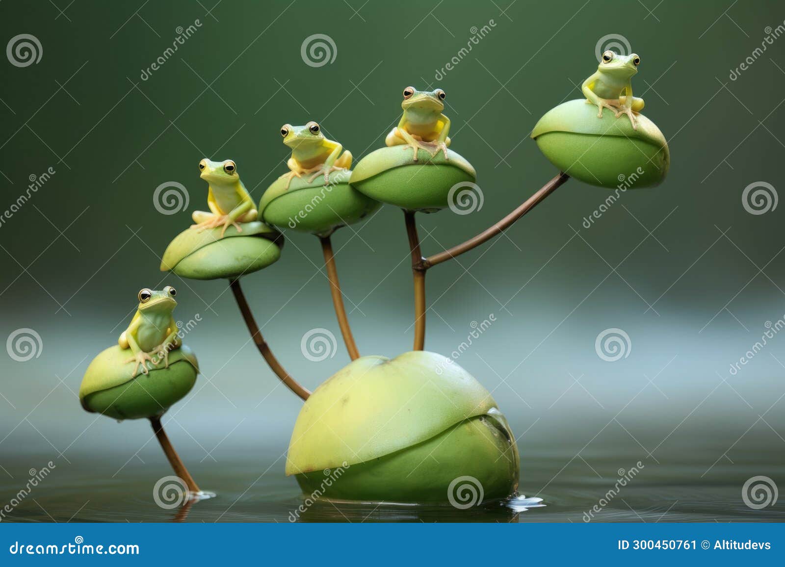 A Group of Tiny Frogs Balancing on a Single Lily Pad Stock Image - Image of amphibians, group ...