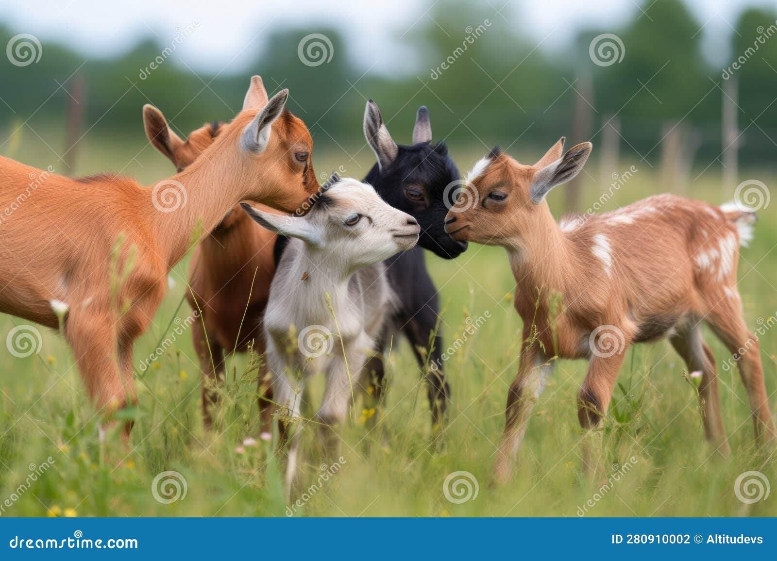 Group of Tiny Goats Playfully Head-butting Each Other in Meadow Stock ...