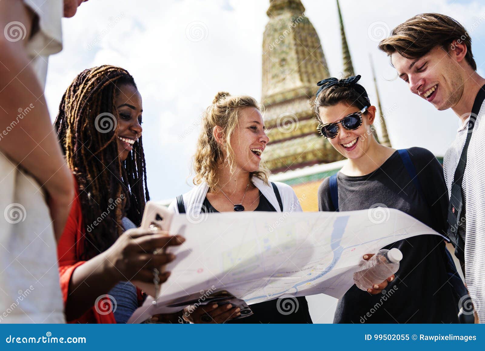 Group of Tourists Using the Map in Thai Temple Stock Image - Image of ...