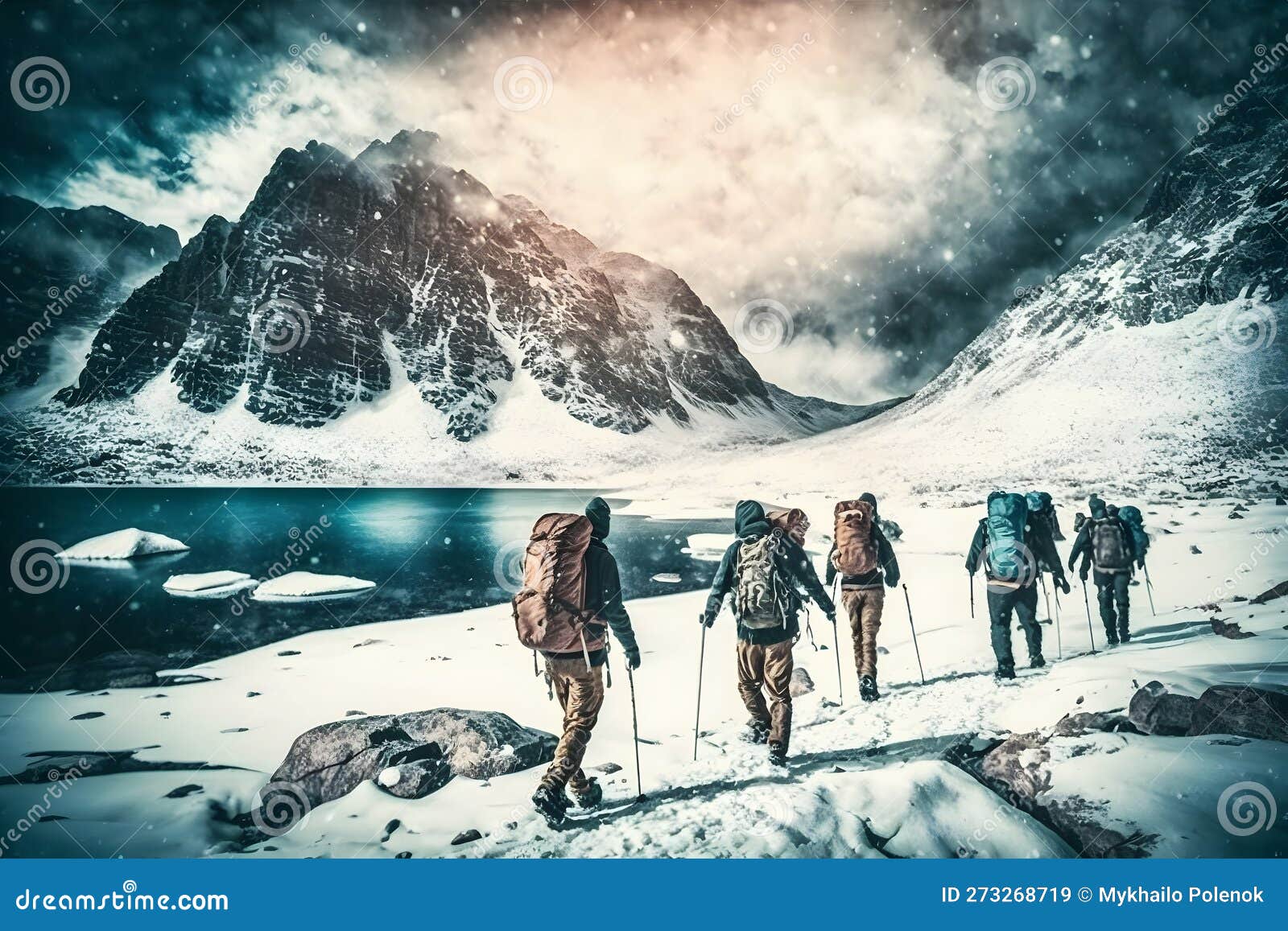 Group of Tourists in Winter in the Mountains. Teamwork Concept Stock ...