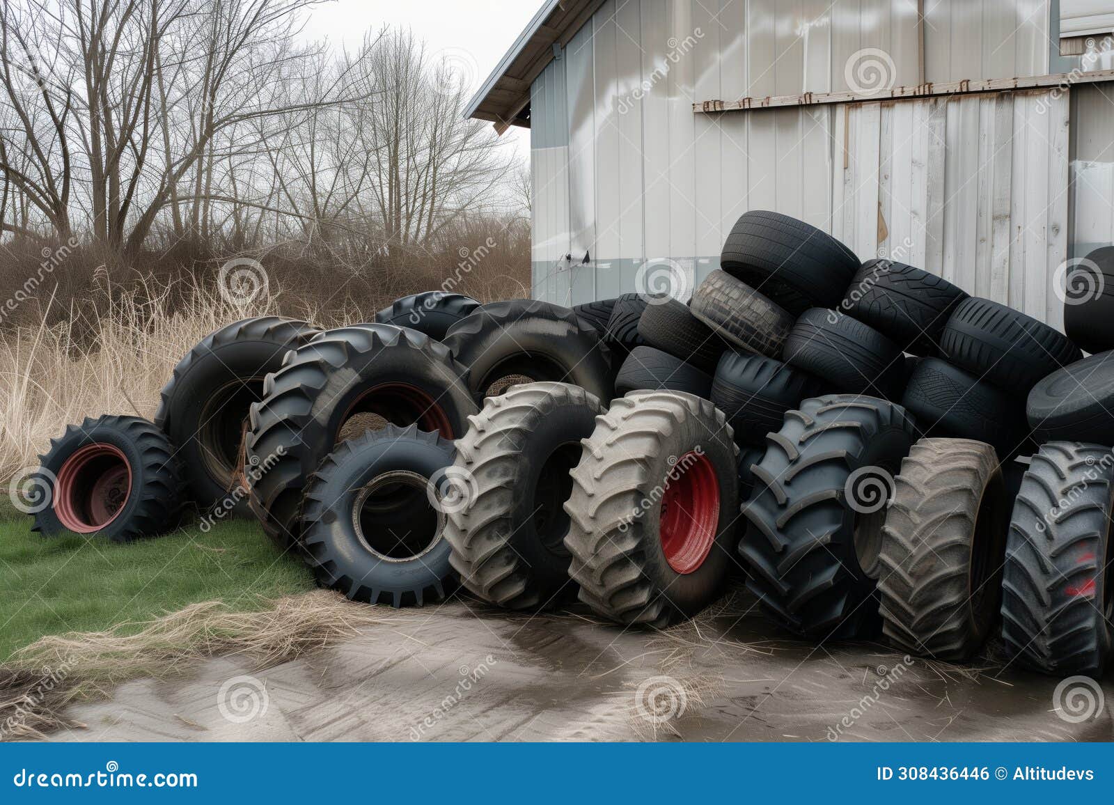 Group of Tractor Tires Stacked Up Outside a Barn Stock Photo - Image of ...