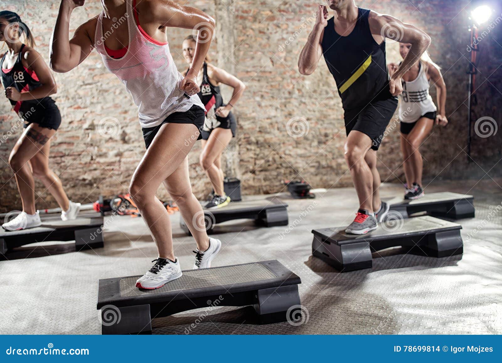 Group training on steppers stock photo. Image of exercise - 78699814