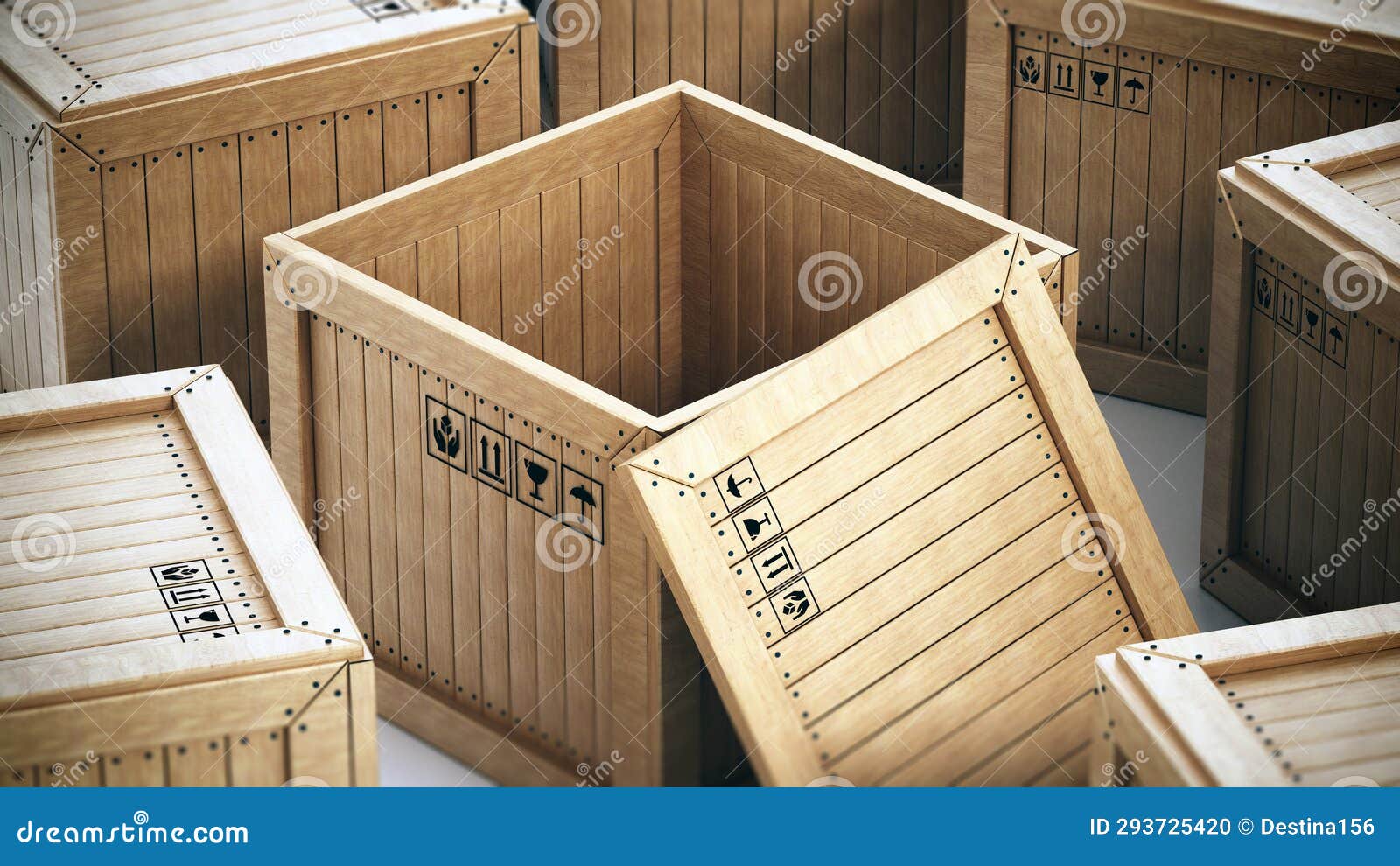 Group of Transport Crates with One Open Crate at the Center. 3D ...