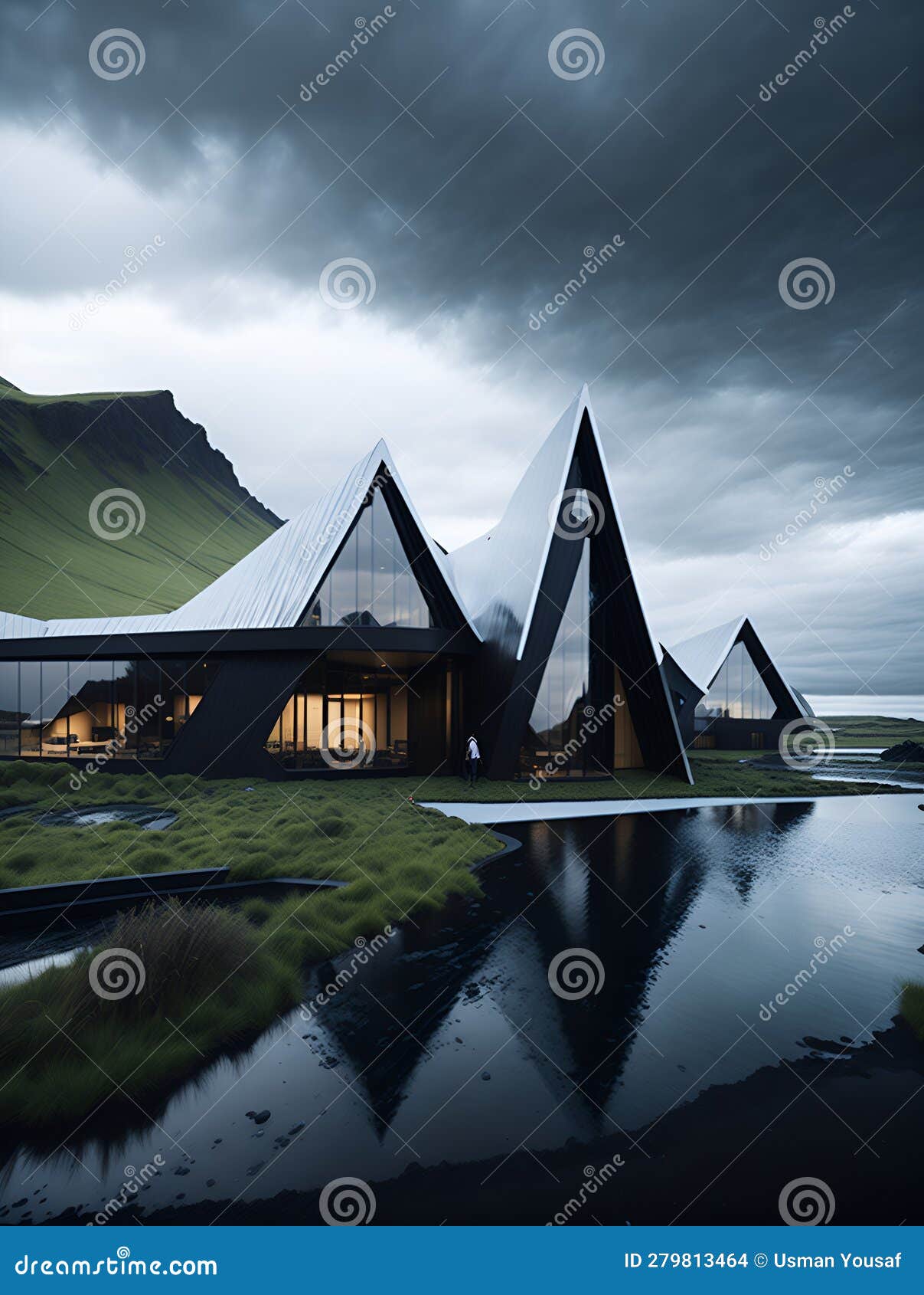 A Group of Triangular Shaped Buildings Next To a Body of Water Stock ...
