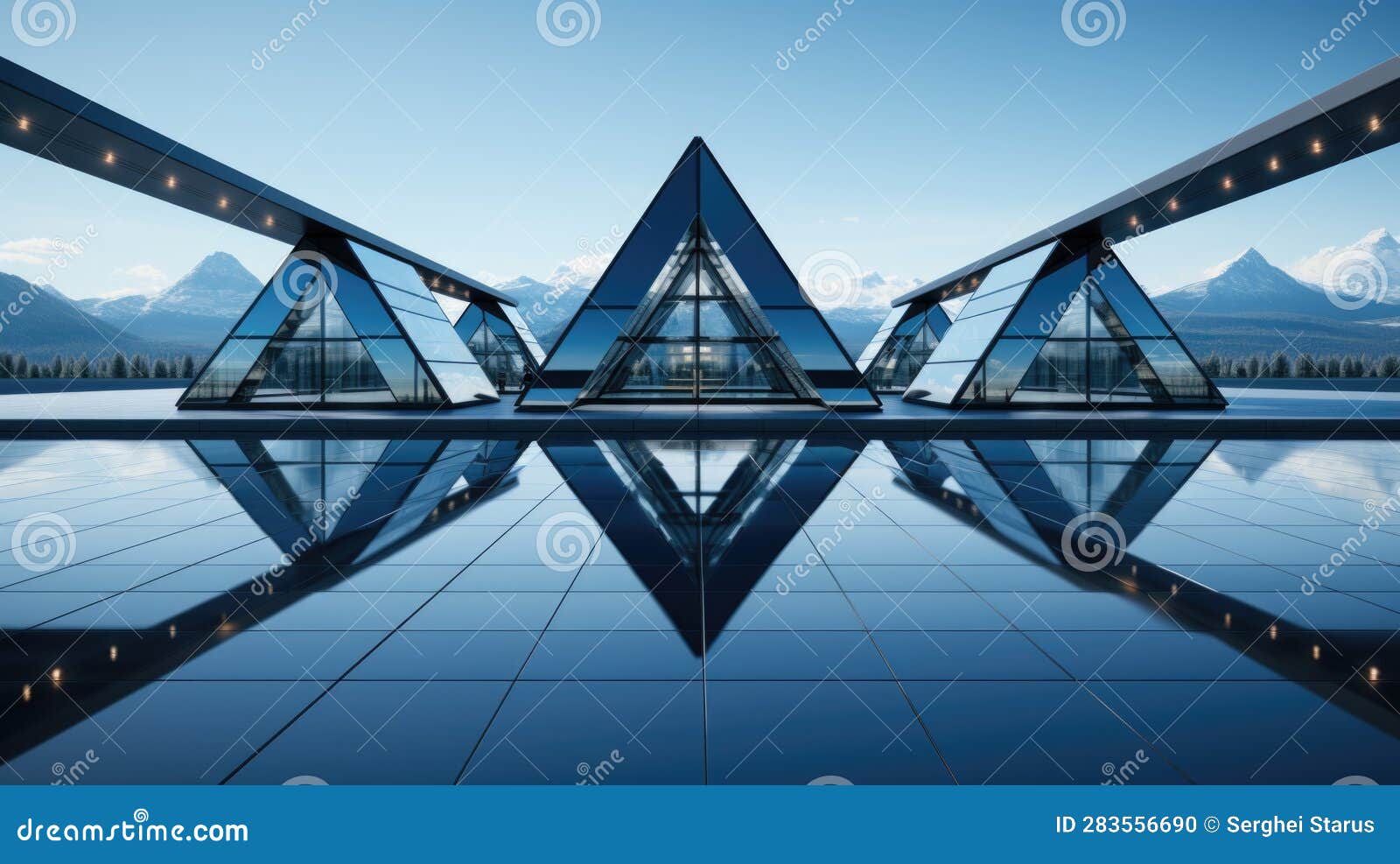 A Group of Triangular Shaped Glass Buildings with Mountains in the ...