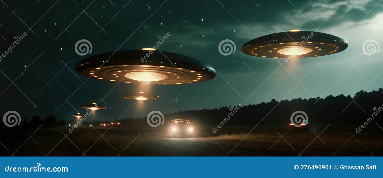 A Group of UFOs Hovering Above a Dark Forest with a Starry Night in the ...