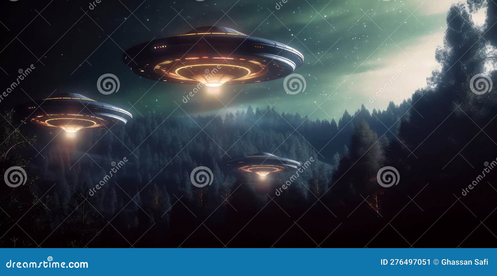 A Group of UFOs Hovering Above a Dark Forest with a Starry Night in the ...