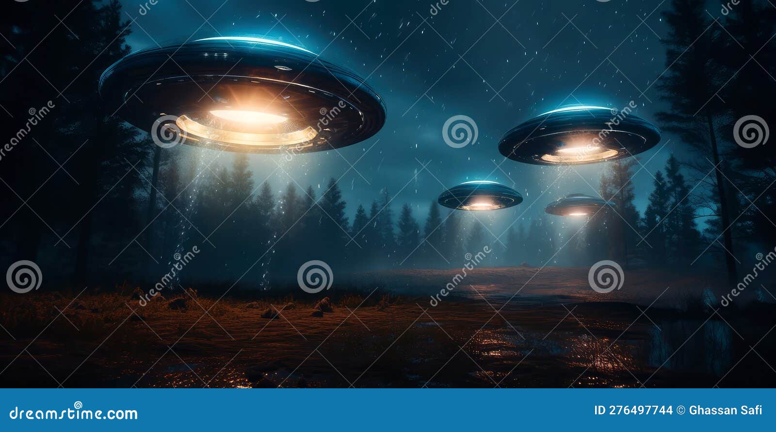 A Group of UFOs Hovering Above a Dark Forest with a Starry Night in the ...