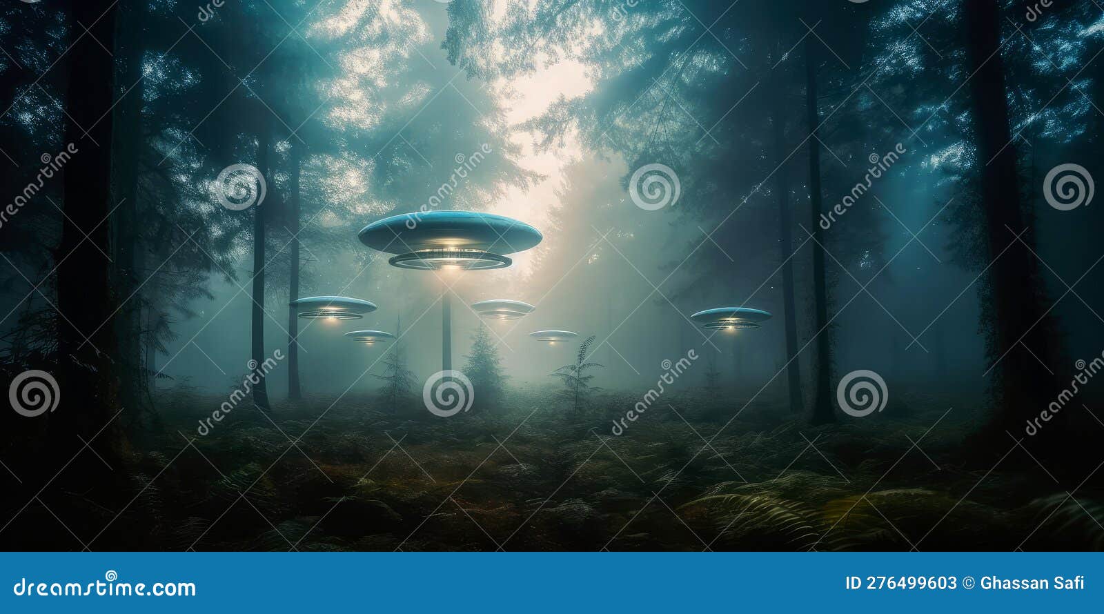 A Group of UFOs Hovering through Trees and Mist Stock Illustration ...