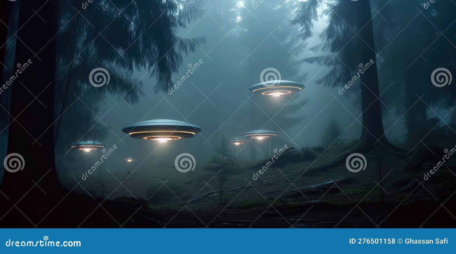 A Group of UFOs Hovering through Trees and Mist Stock Illustration ...