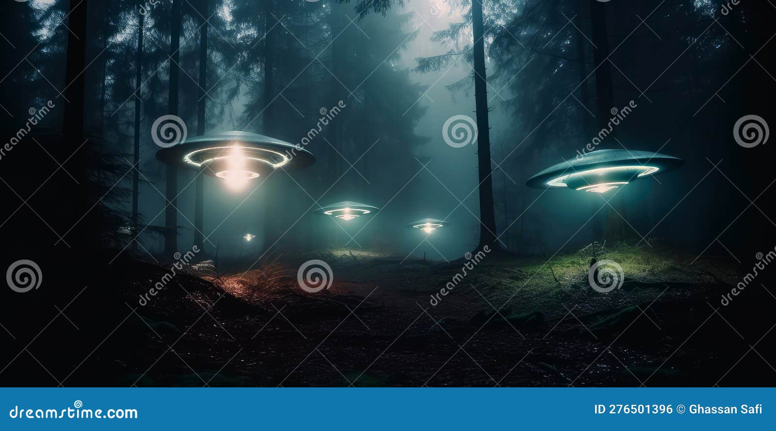 A Group of UFOs Hovering through Trees and Mist Stock Illustration ...