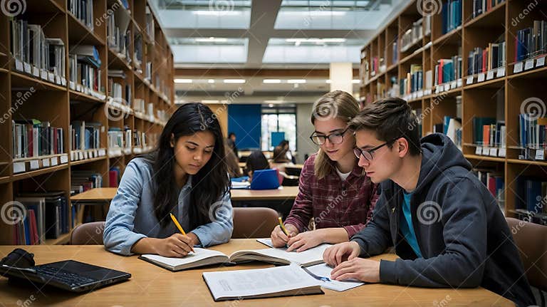 Group of University Students Collaborating on Homework in Library Stock ...