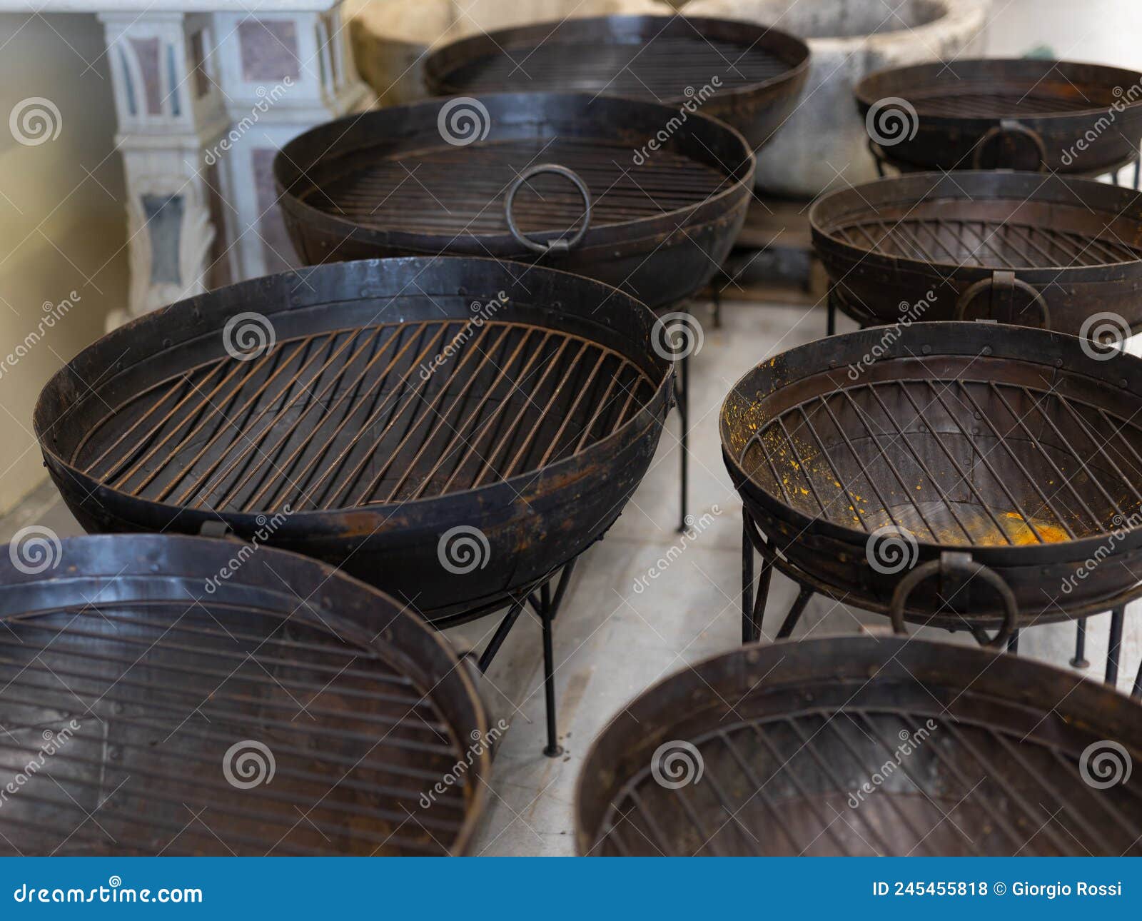 Group of Used Black Round Braziers Stock Photo - Image of cook, brazier ...