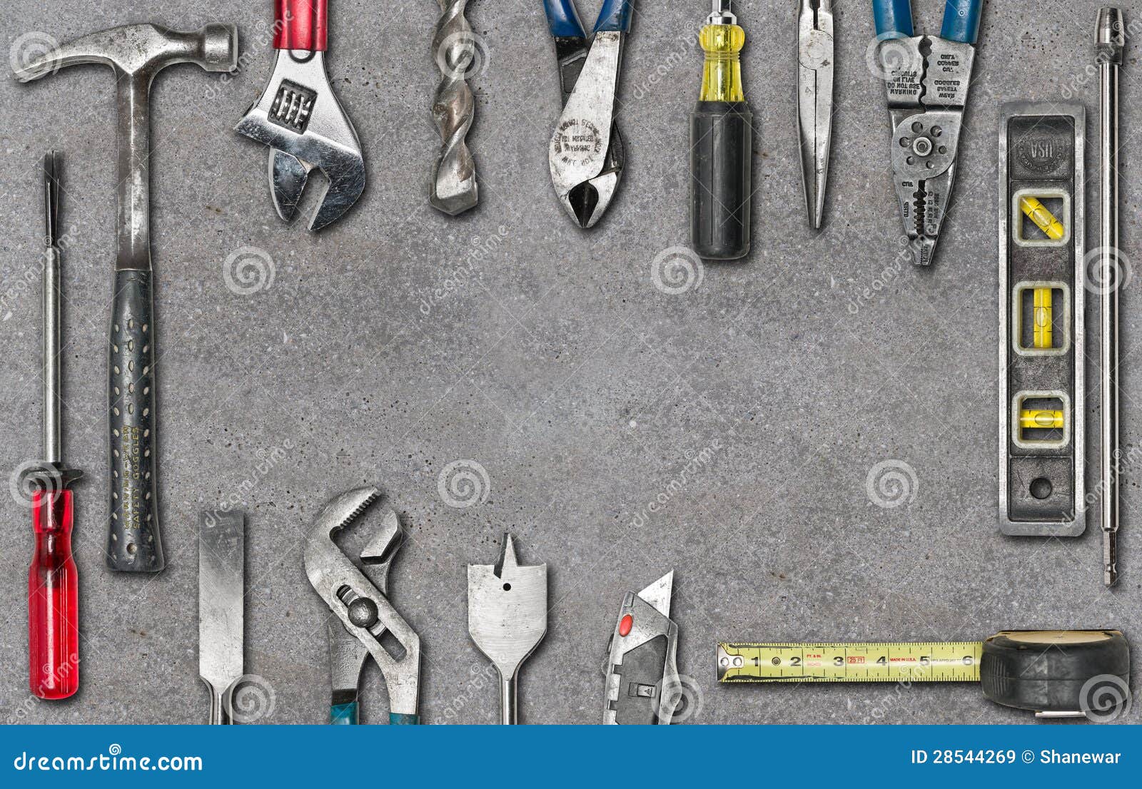 Group of Used Tools on Concrete Stock Image - Image of industry, level ...