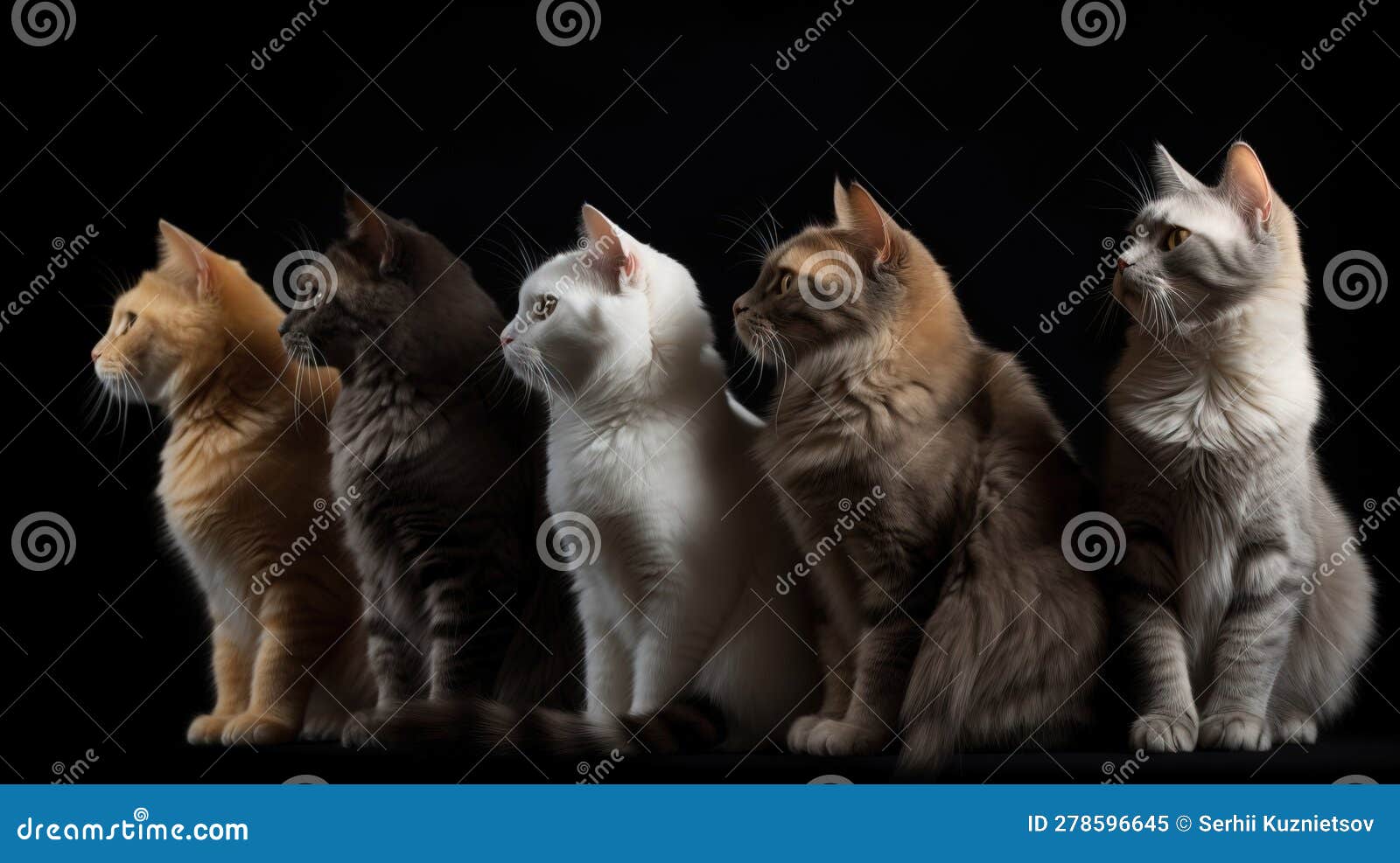 A Group of Various Fluffy Cats Sits in a Row, Black Background, Isolate ...