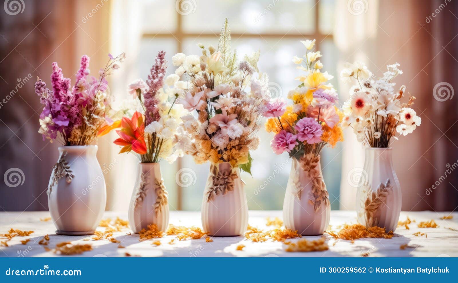 Group of Vases Filled with Different Types of Flowers on Table ...