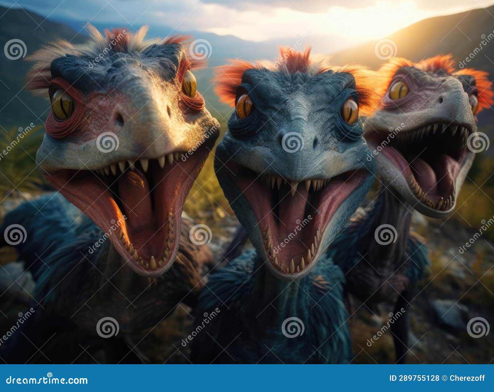 A group of velociraptors stock photo. Image of animal - 289755128