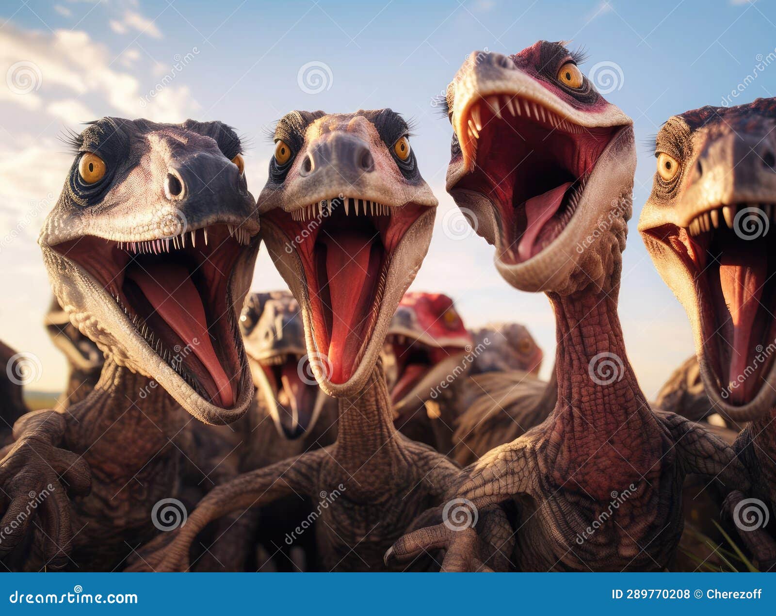 A group of velociraptors stock photo. Image of velociraptor - 289770208