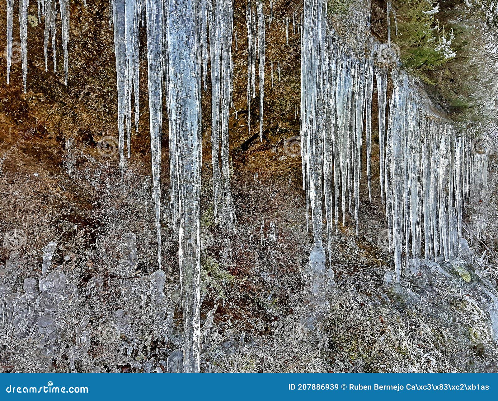 Group of Very Large Icecles Hang on a Wall Stock Image - Image of blue ...
