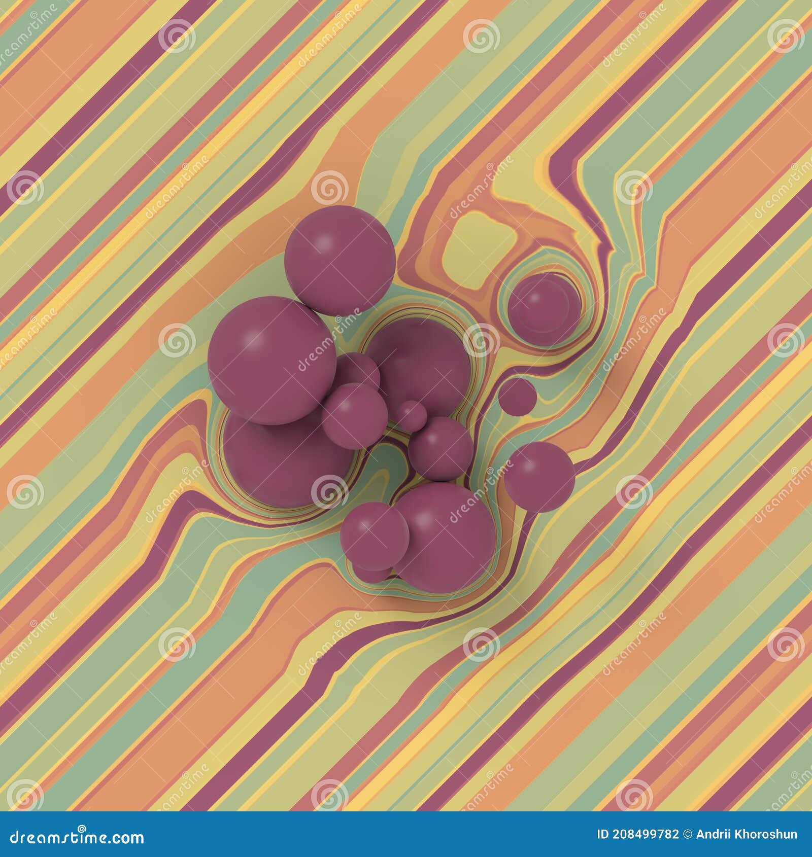 Group of Violet Balls on a Multi Colored Striped Surface. 3d Rendering ...