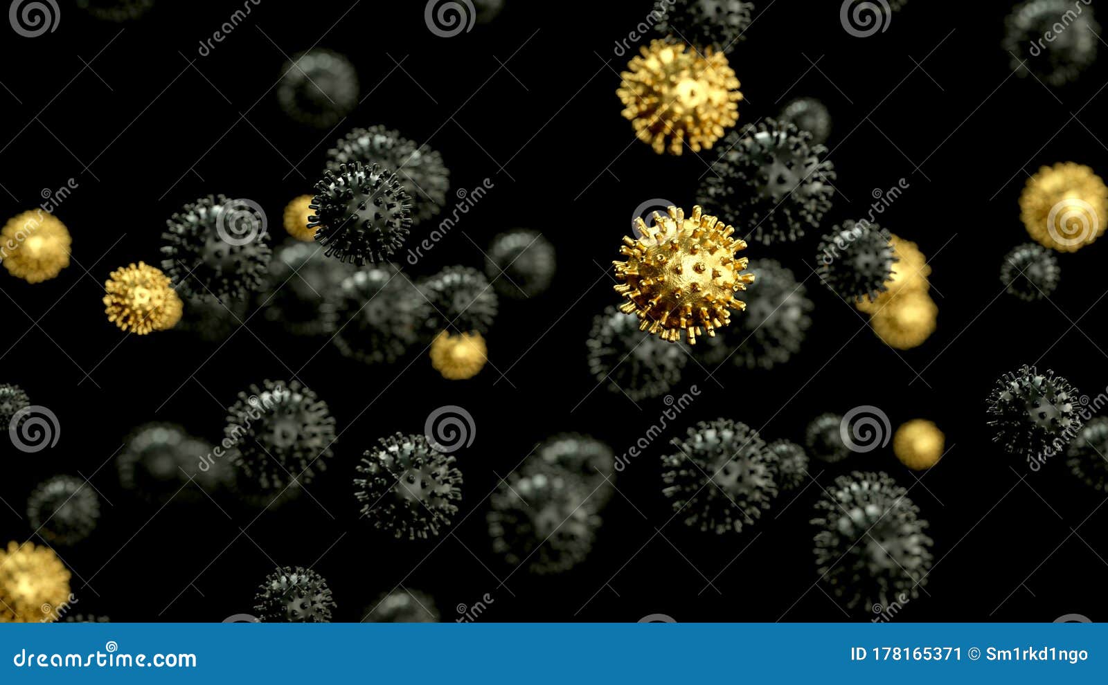 Group of Viruses on a Black Background. Black and Gold Conceptual Virus ...