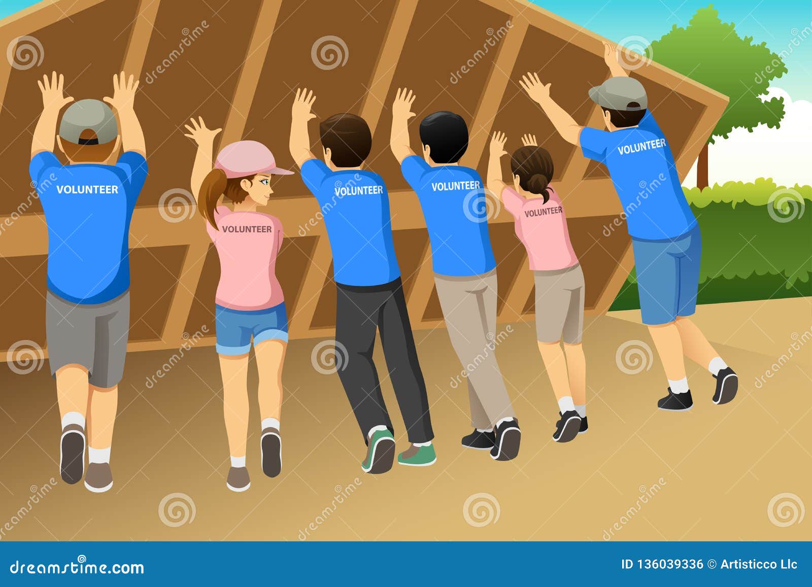 Group of Volunteers Building a House Together Illustration Stock Vector ...