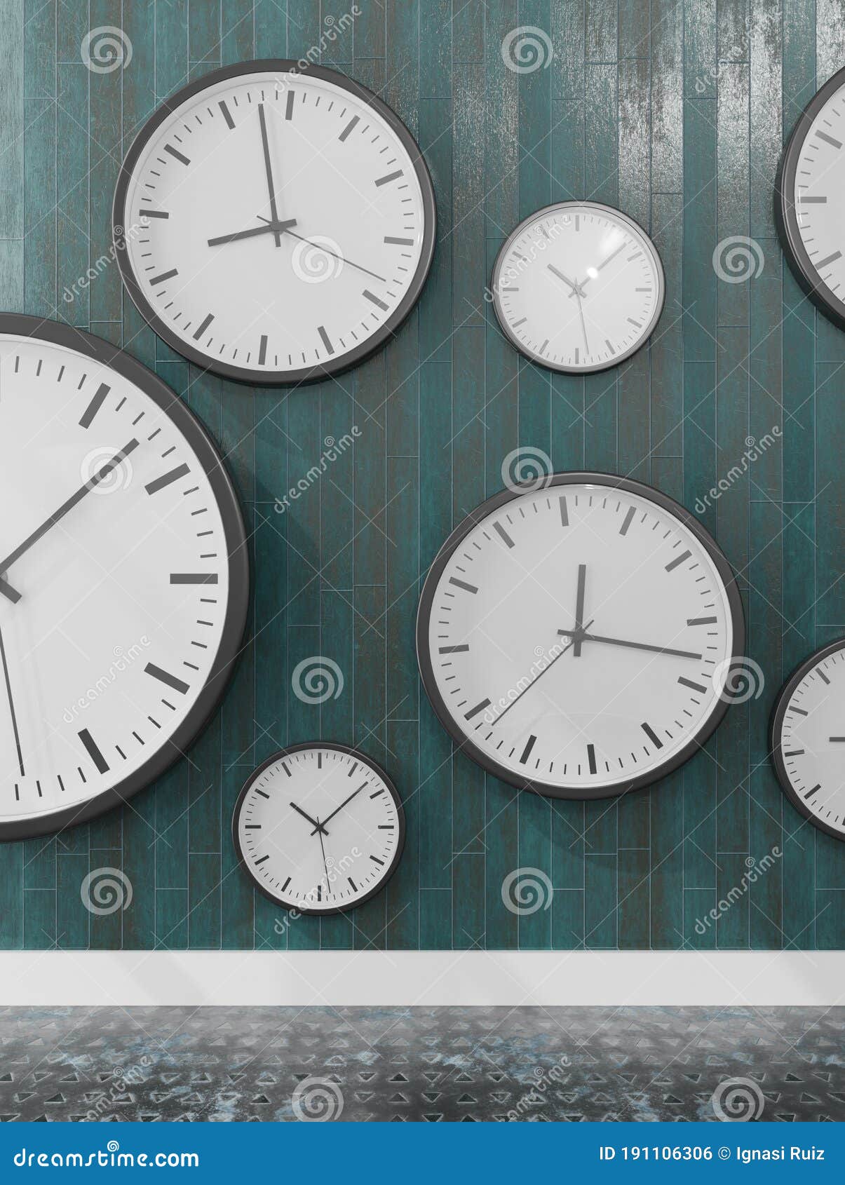 Group of Wall Clocks in a Wooden Wall .3d Rendering Stock Illustration ...