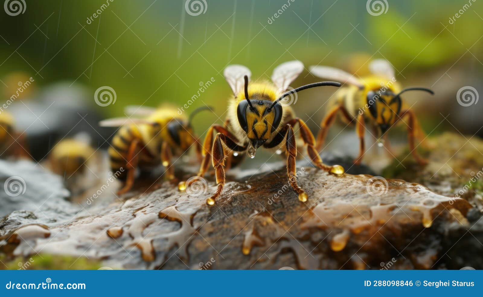 A Group of Wasps on a Rock in the Rain, AI Stock Photo - Image of plant ...