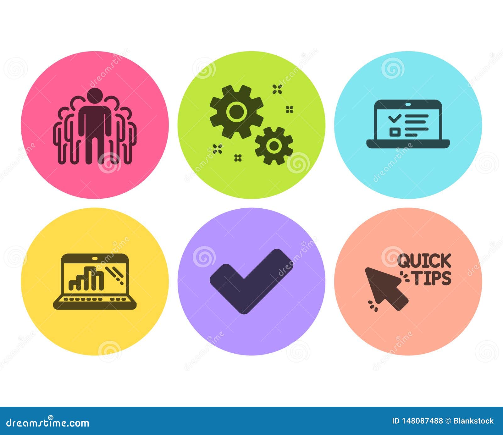 Group, Web Lectures and Tick Icons Set. Work, Graph Laptop and Quick ...