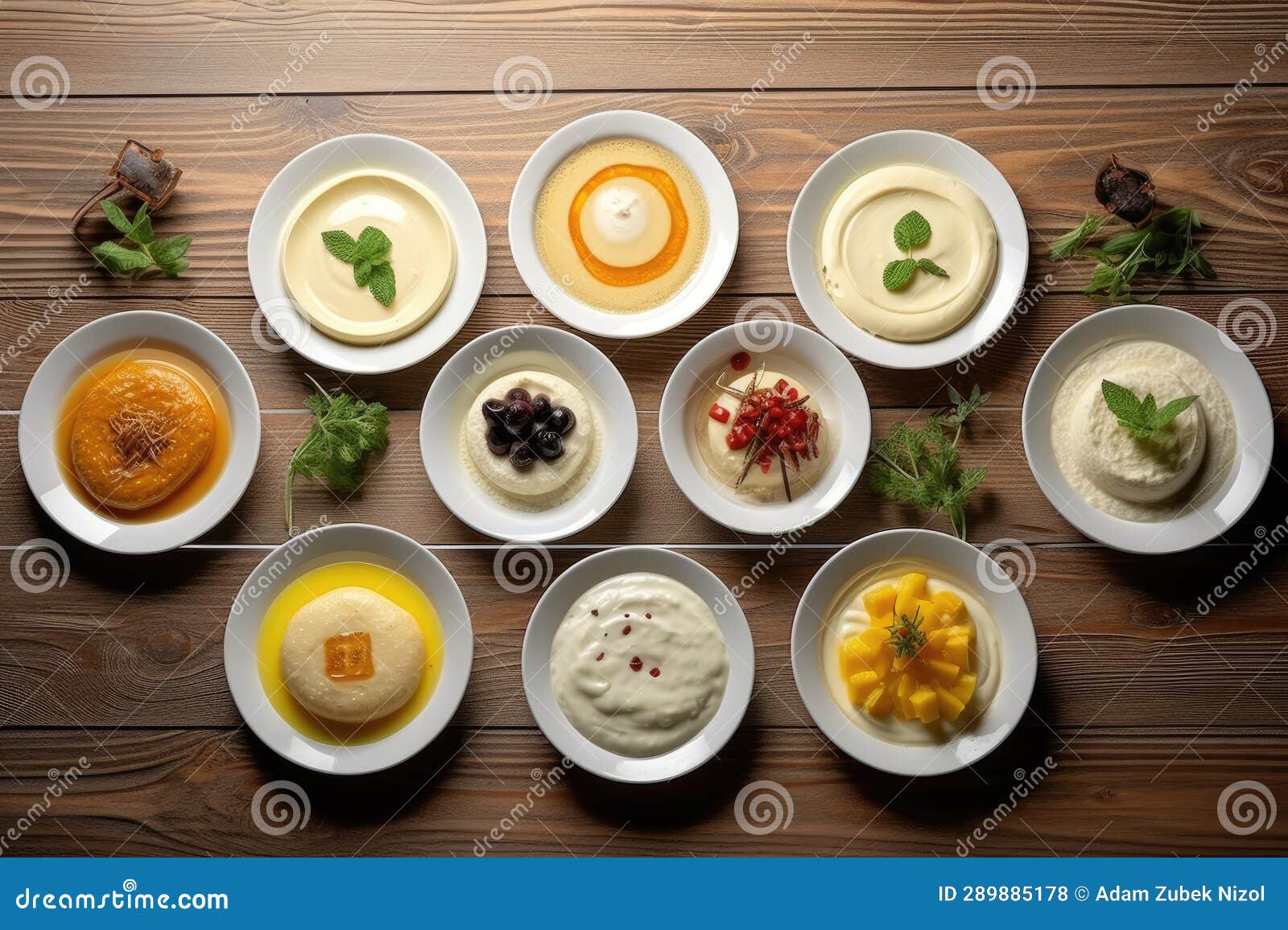 A Group of White Plates with Different Types of Desserts Stock ...