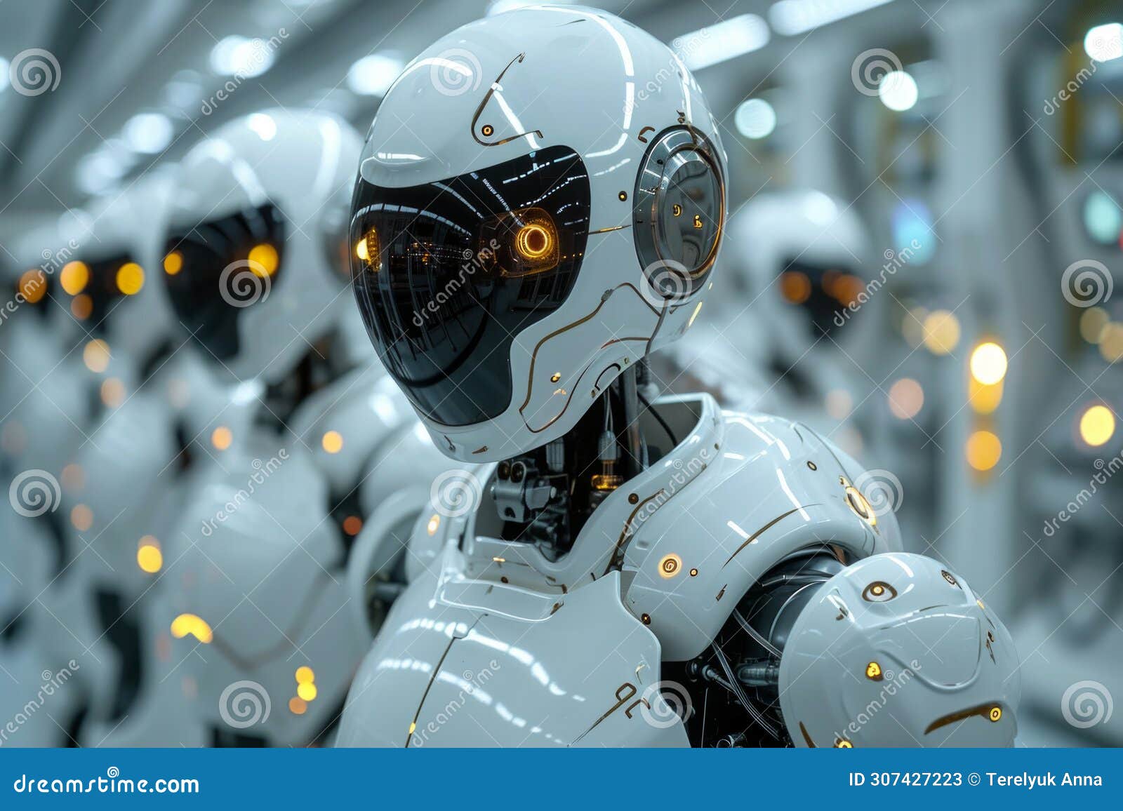 Group of White Robot Suits Standing Together. Stock Image - Image of ...