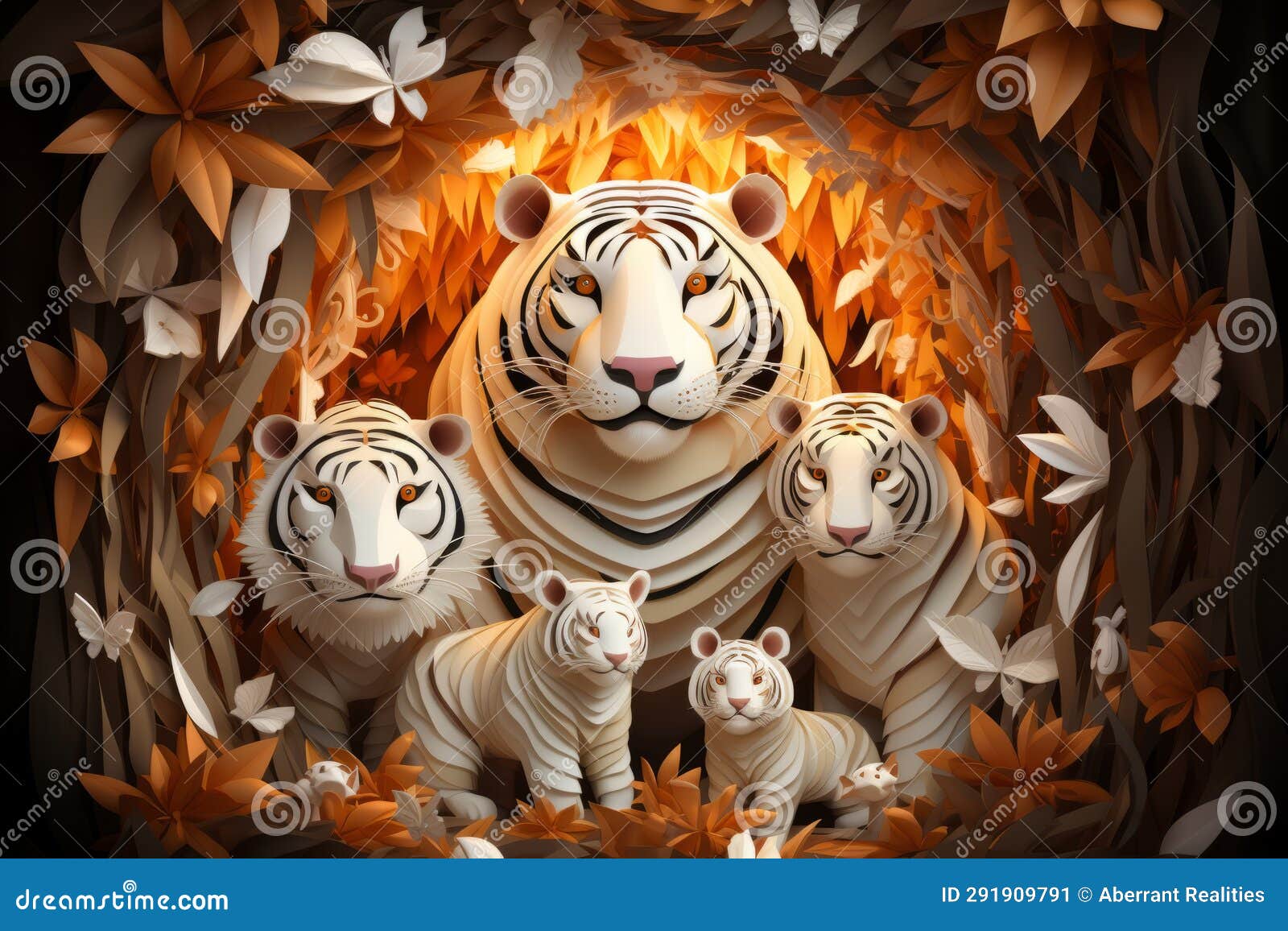 A Group of White Tigers in a Cave with Leaves Stock Illustration ...