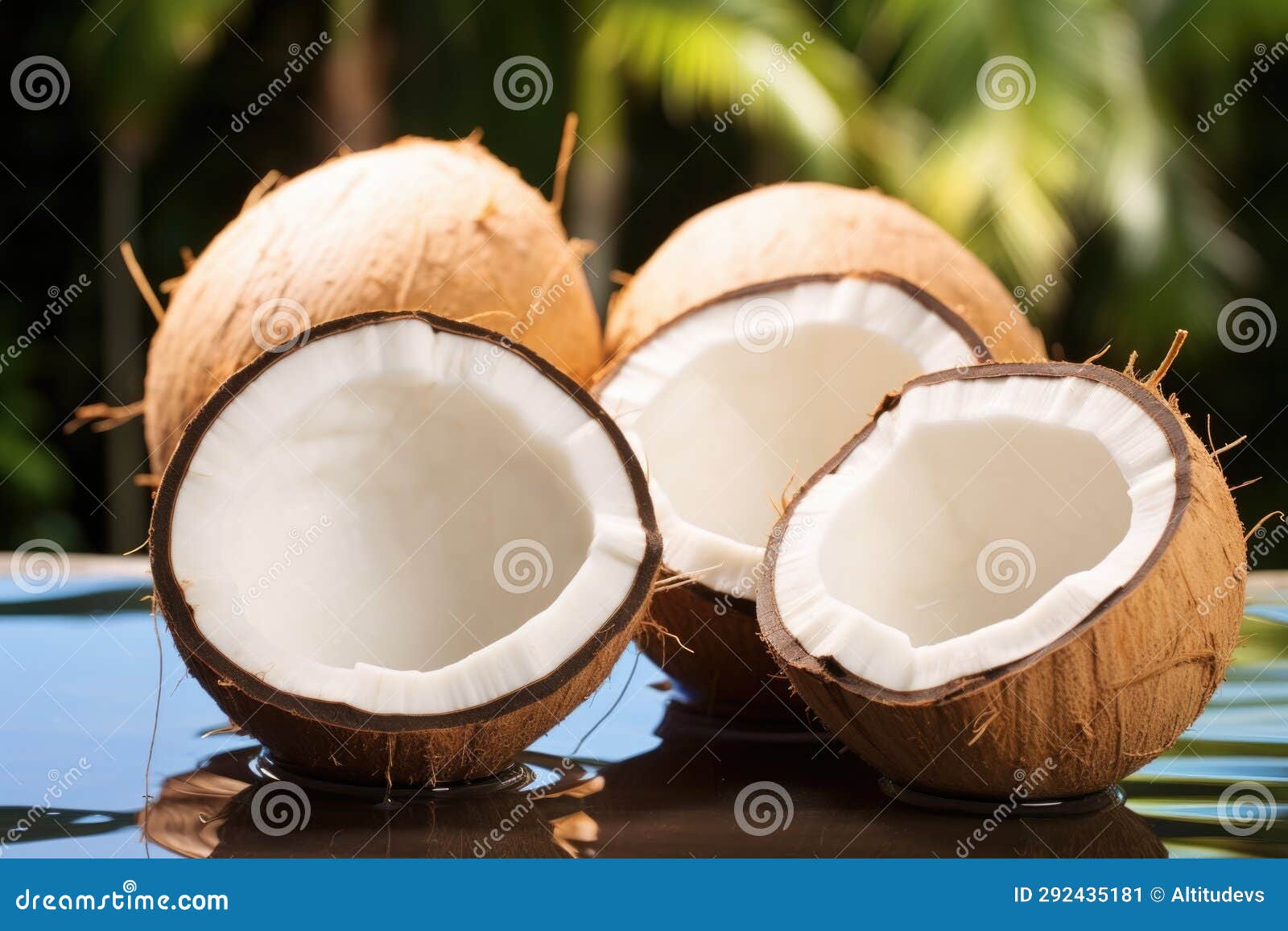 Group of Whole Coconuts with One Opened Showing the Water within Stock ...