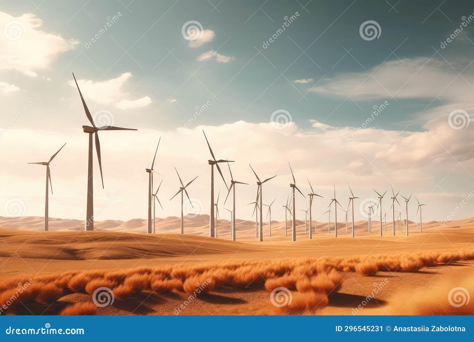 Group of Wind Turbines on Windy Plain. Generative AI Stock Illustration ...