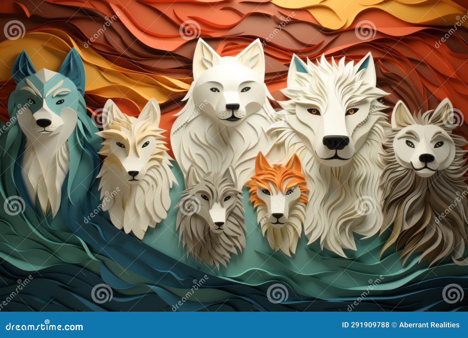 A Group of Wolf Heads on a Colorful Background Stock Illustration ...