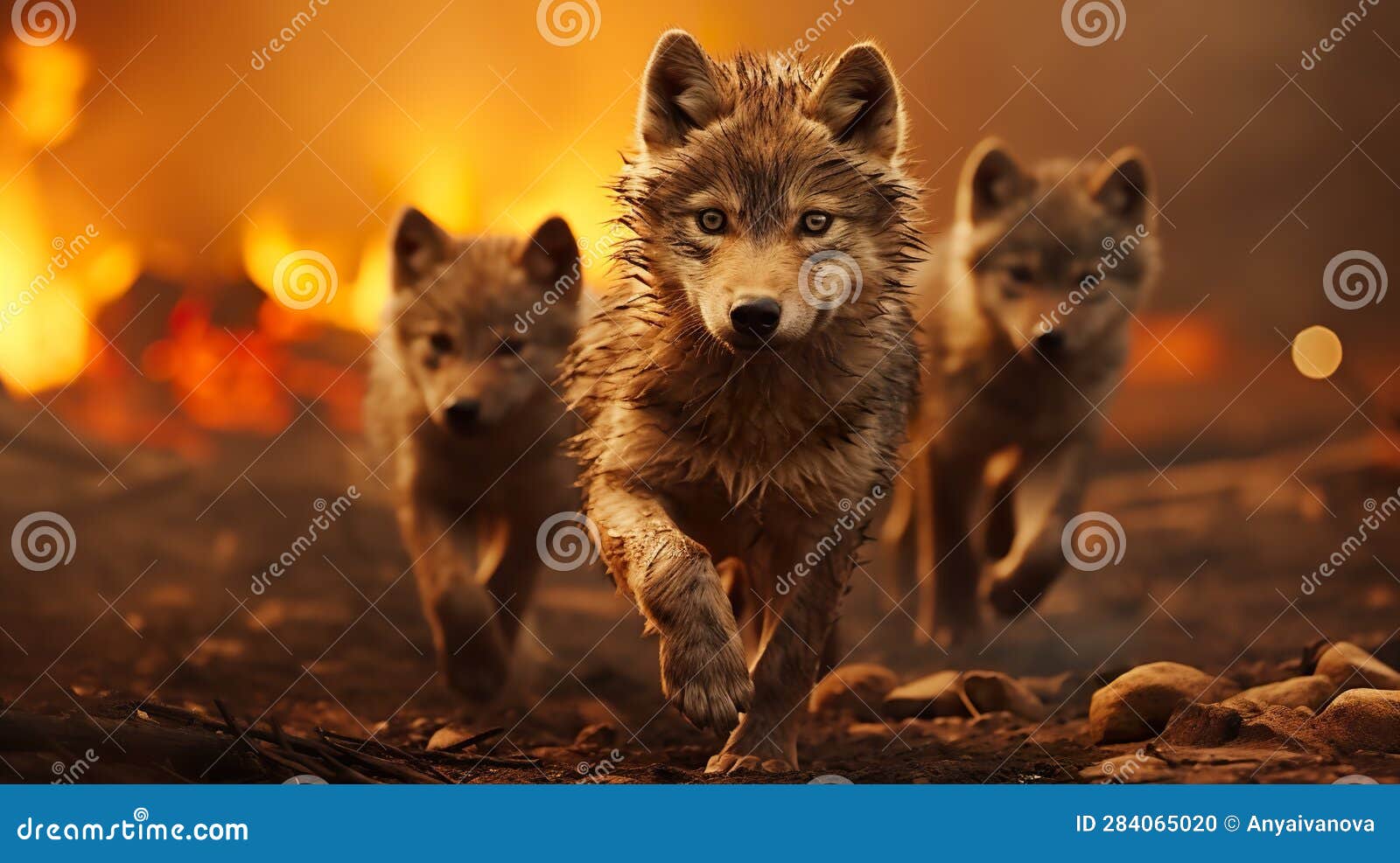 A Group of Wolfs Running in Front of a Fire. Generative AI Image. Stock ...