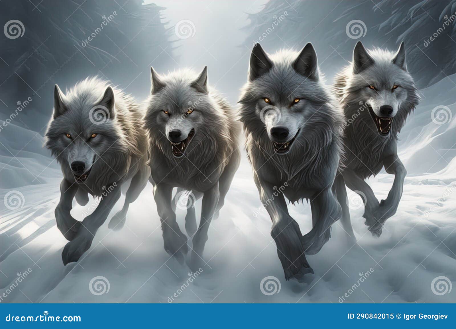 A Group of Wolfs Running in the Snow Stock Illustration - Illustration ...
