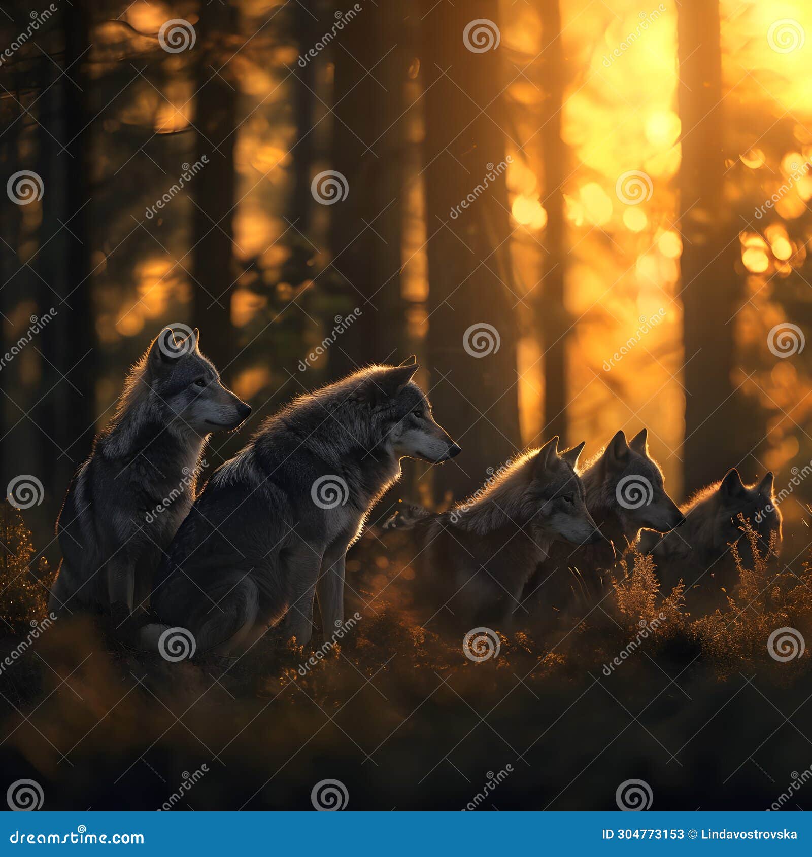 Group of Wolves in the Forest with Sunset. Stock Illustration ...