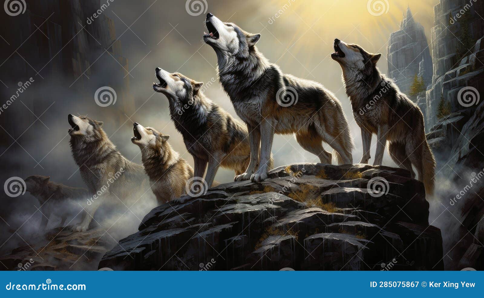 Group of Wolves Howling on a Rocky Cliff Stock Illustration ...