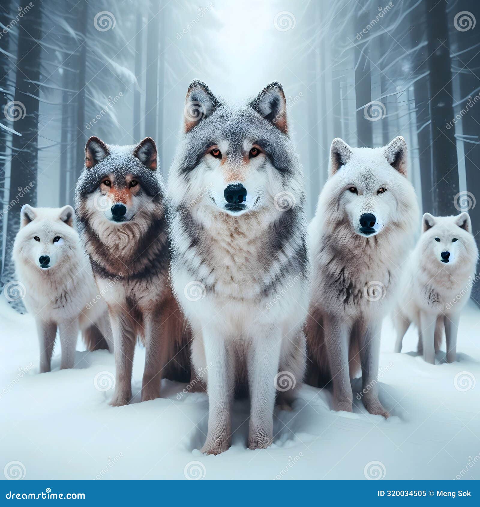 A Group of Wolves Poses in the Snow Against a Backdrop of Trees. Stock ...