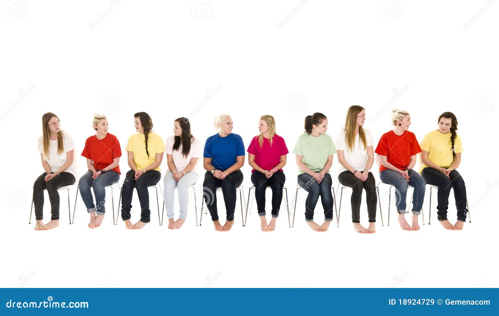 Group of Women on Chairs in a Line Stock Image - Image of making ...