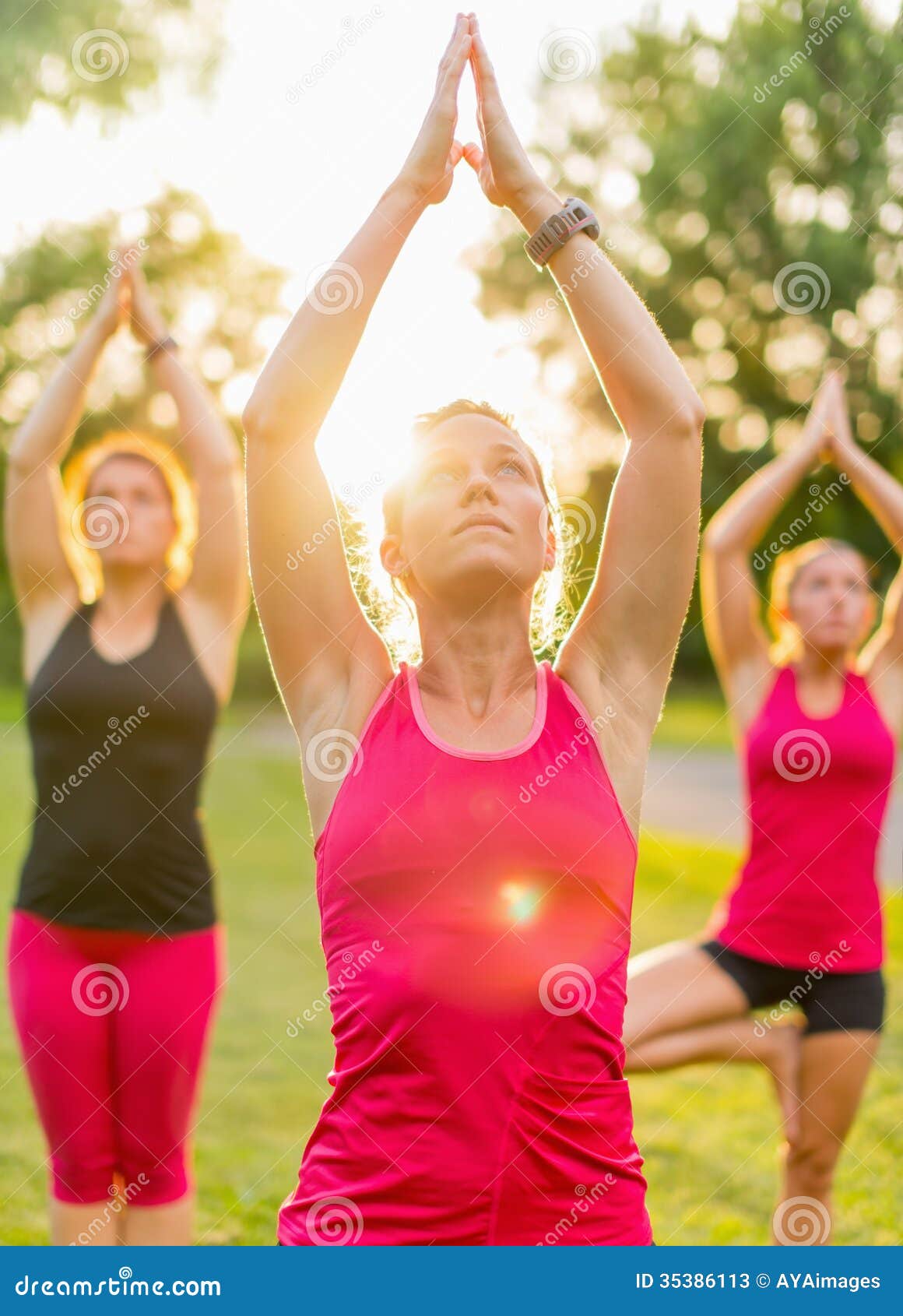 Group of 3 Women Doing Yoga in Nature Stock Image - Image of apple ...