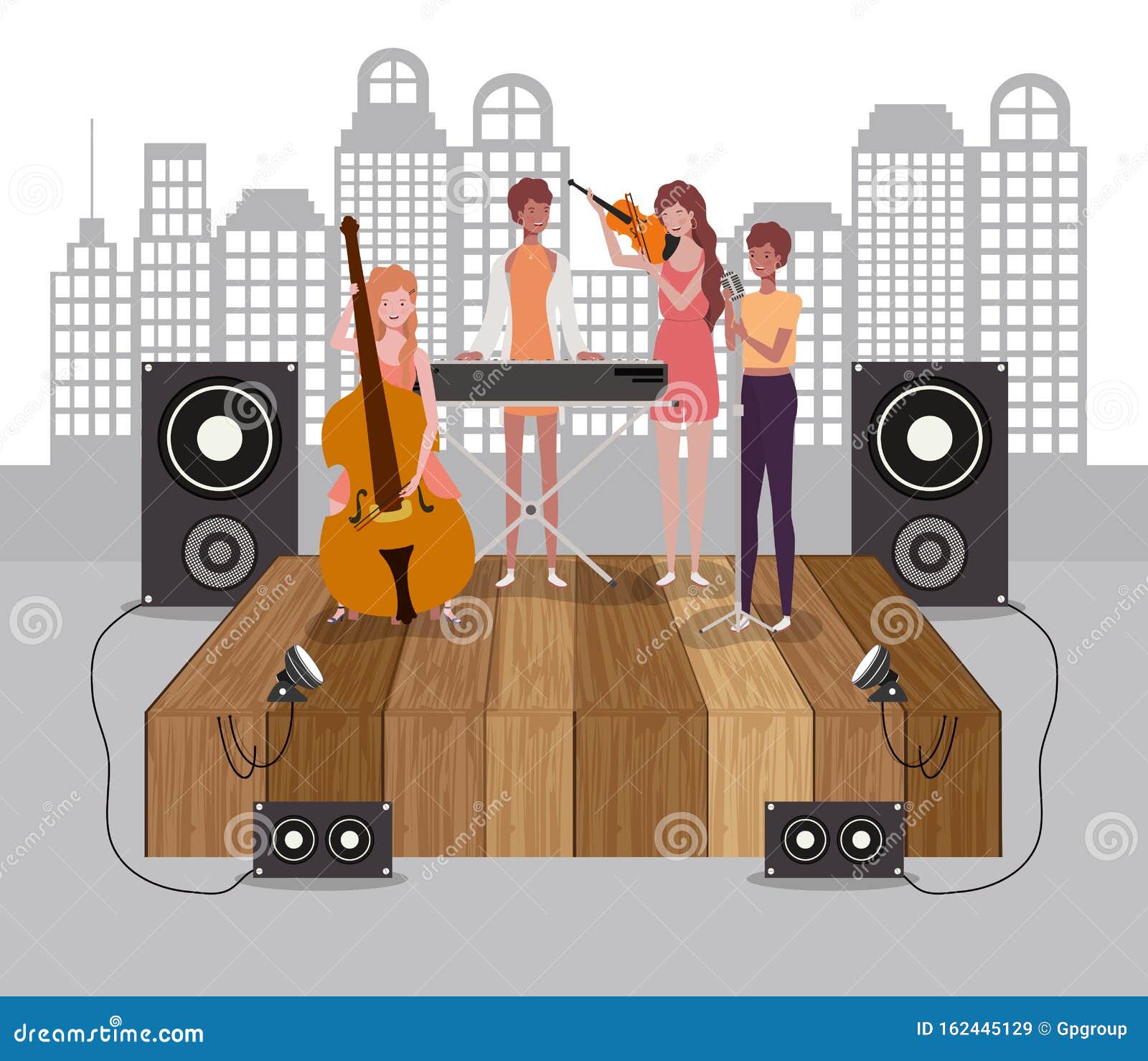 Group of Women Music Band Playing Instruments Stock Vector ...