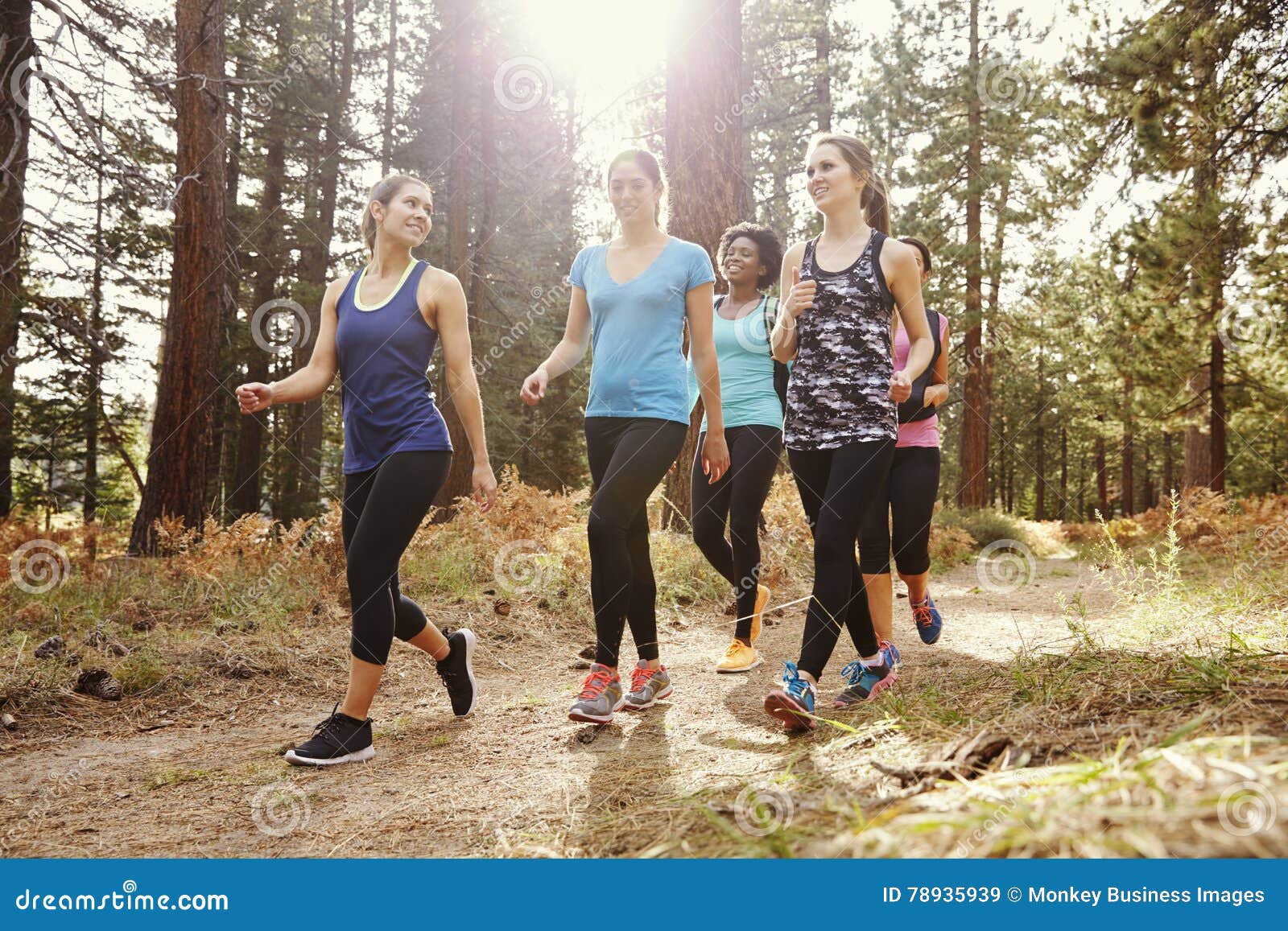 Group of Women Runners Walking in a Forest Talking, Close Up Stock ...
