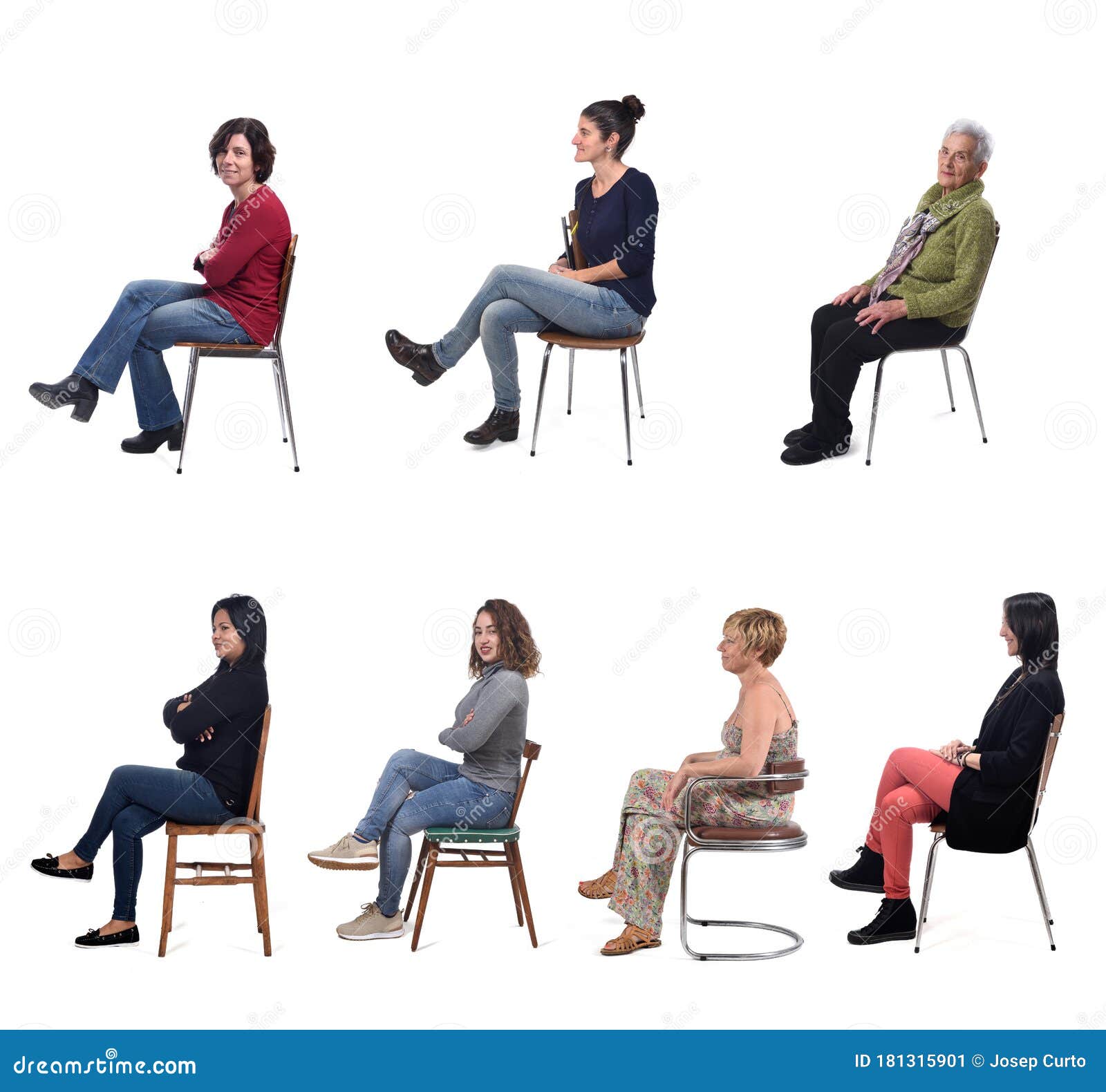 Group of Women Sitting on Chair on White Background, Side View Stock ...