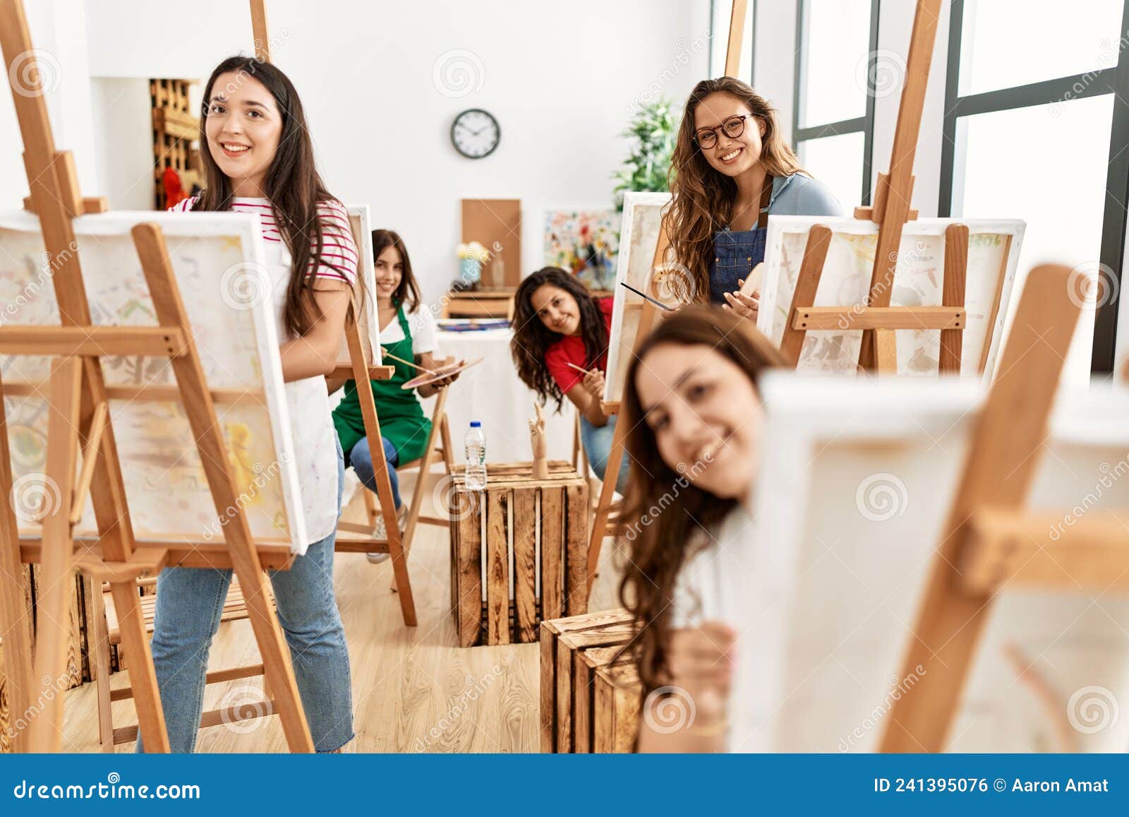 Group of Women Smiling Happy Drawing at Art Studio Stock Photo - Image ...