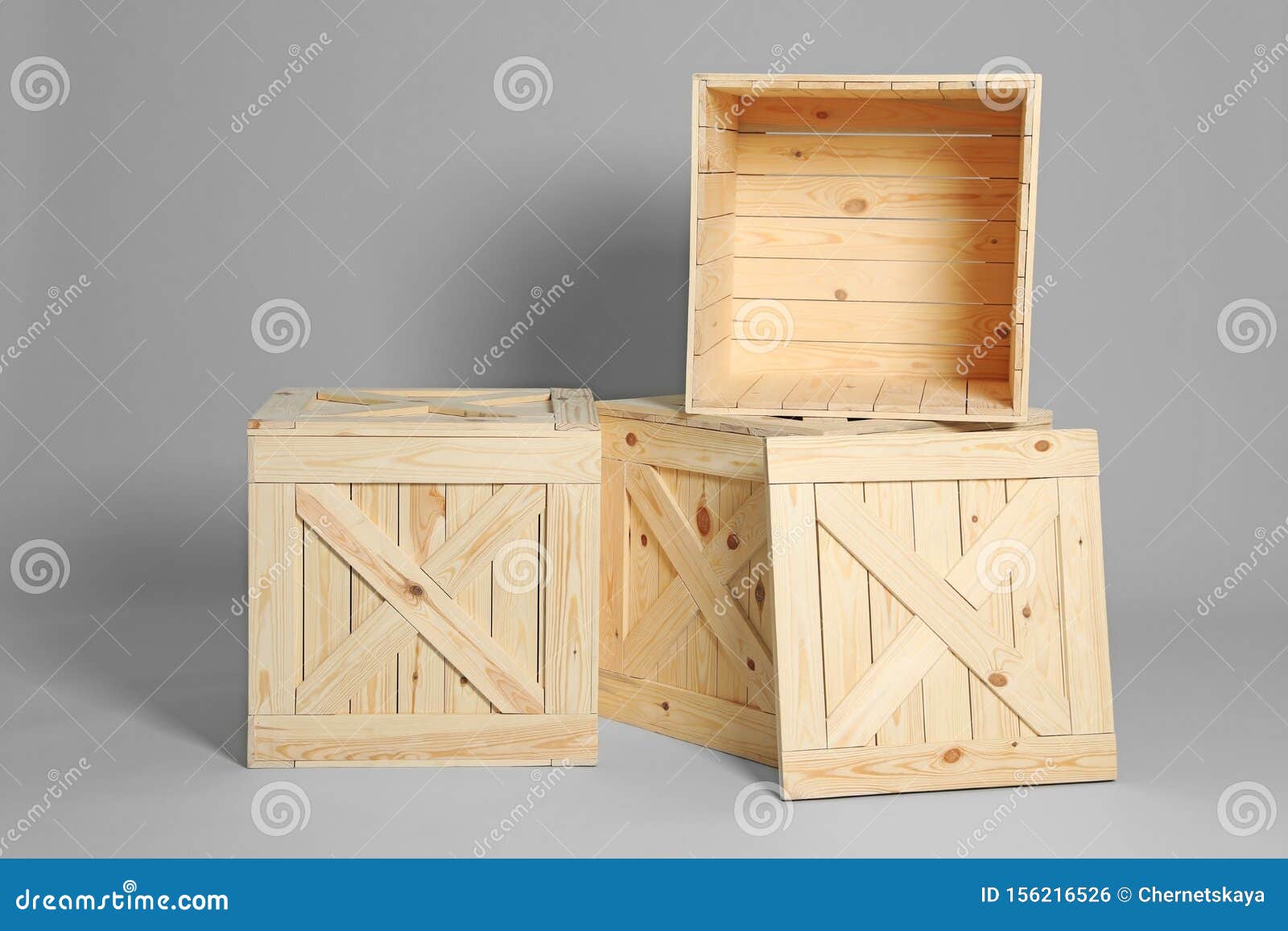 Group of Wooden Crates on Grey Stock Photo - Image of container, pallet ...